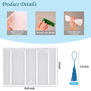 Actvty Silicone Bookmark Molds - 5 Shapes and 20pcs Bookmark Tassels for Resin Casting Crafts