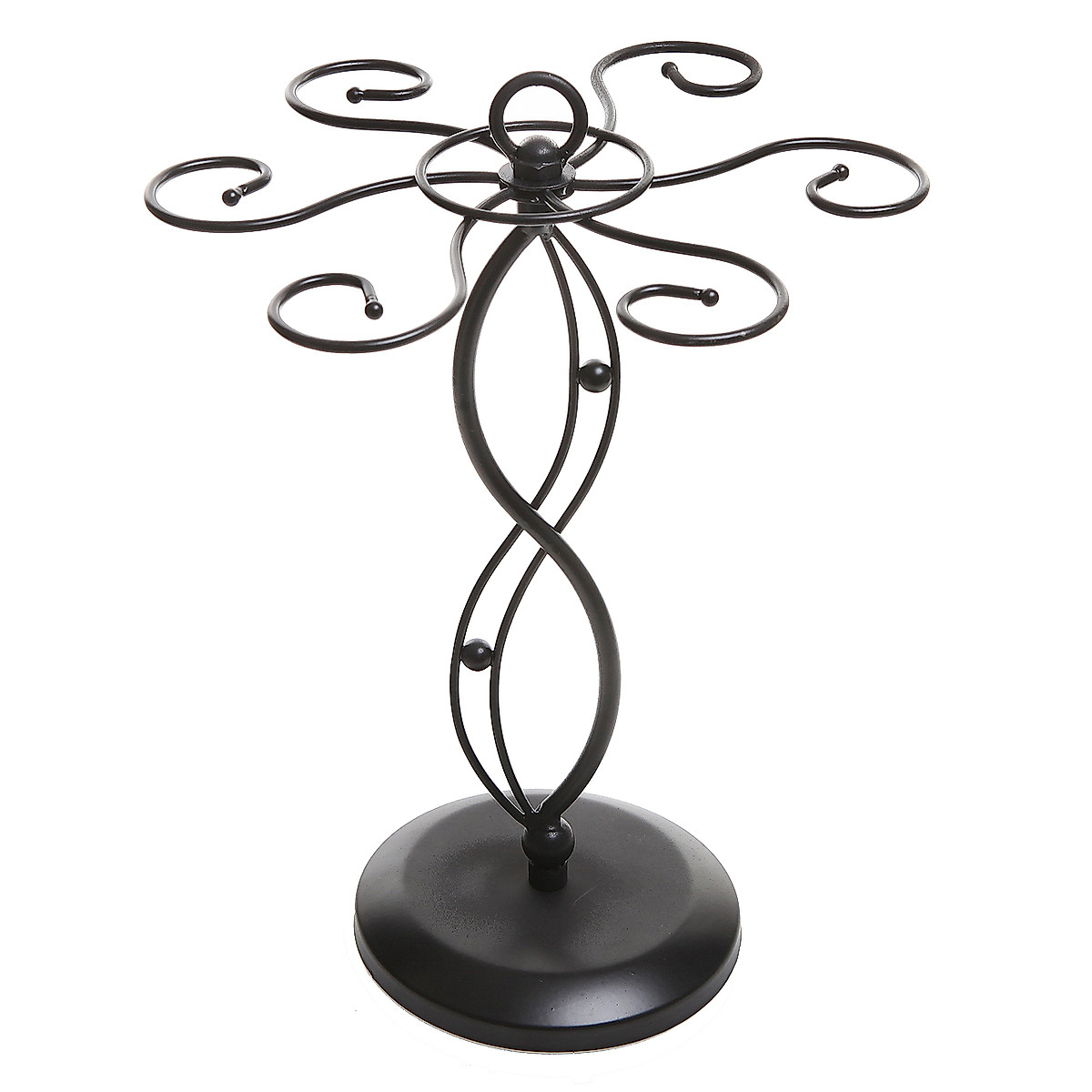 MyGift Black Metal Countertop Wine Glass Holder with Scrollwork Design, Freestanding Tabletop Stemware Storage Rack with 6 Hooks