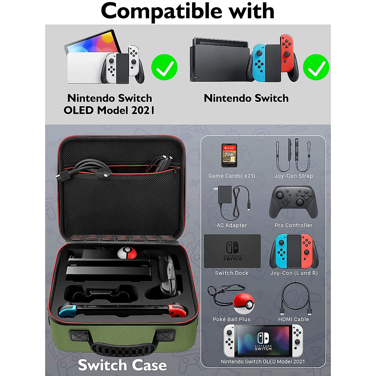 COOWPS Switch Case Compatible with Nintendo Switch and Switch OLED Model, with 21 Switch Games Card Slots, Portable Full Protection Travel Bag for Switch Console Pro Controller Accessories Green