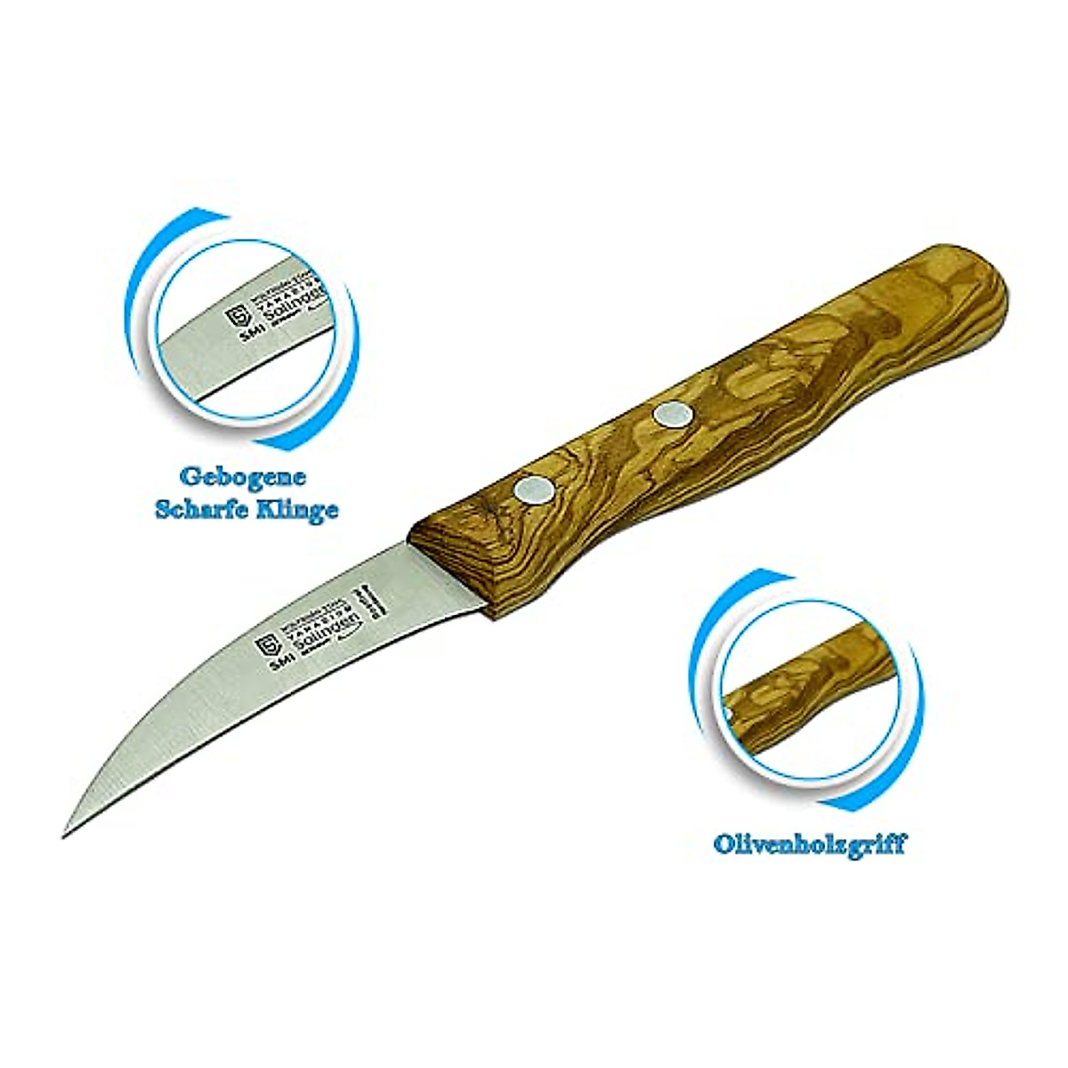 SMI - Peeling Knife Olive Wood Handle Paring Knife Fruit Knife Solingen Knife - Not Dishwasher Safe Made in Germany