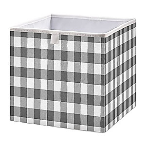 Kigai Collapsible Storage Baskets Plaid Grey and White Cube Storage Bins Baskets for Organizing Fabric Collapsible Storage Organizer for Bedroom Home Decor