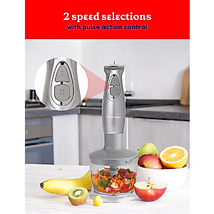 BETTY CROCKER Immersion Blender for Home & Kitchen, 2-Speed Hand Mixer Electric Handheld with Stainless Steel Blade, Beaker & Whisk, 250W Portable Blender with Ergonomic Handle, Silver