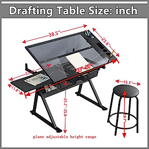 Gagawin Drafting Table with Stool, Height Adjustable Drawing Desk Tempered Glass Art Table Writing Desk with 0-75° Tilting Tabletop for Home Office, No.1-Black