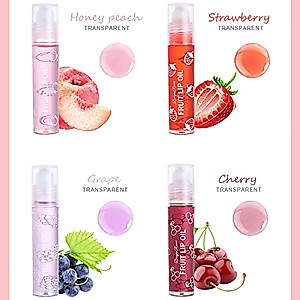 Alisesun 4 Pcs Fruit Roll-on Lip Gloss Set, Clear Lip Gloss Crystal Jelly Liquid Lipstick, Plumping Lip Oil Moisturizing Hydrating Non-Sticky, Nice Gift for Women Girl