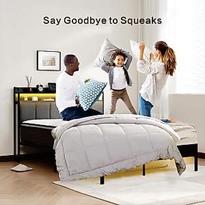 Z-hom Full Bed Frame with LED Lights Headboard, Full Size Heavy Duty Metal Hybrid Bed Frame Bed Base, Sturdy Upholstered Wooden Full Platform Bed with Charging Ports & Storage Shelves