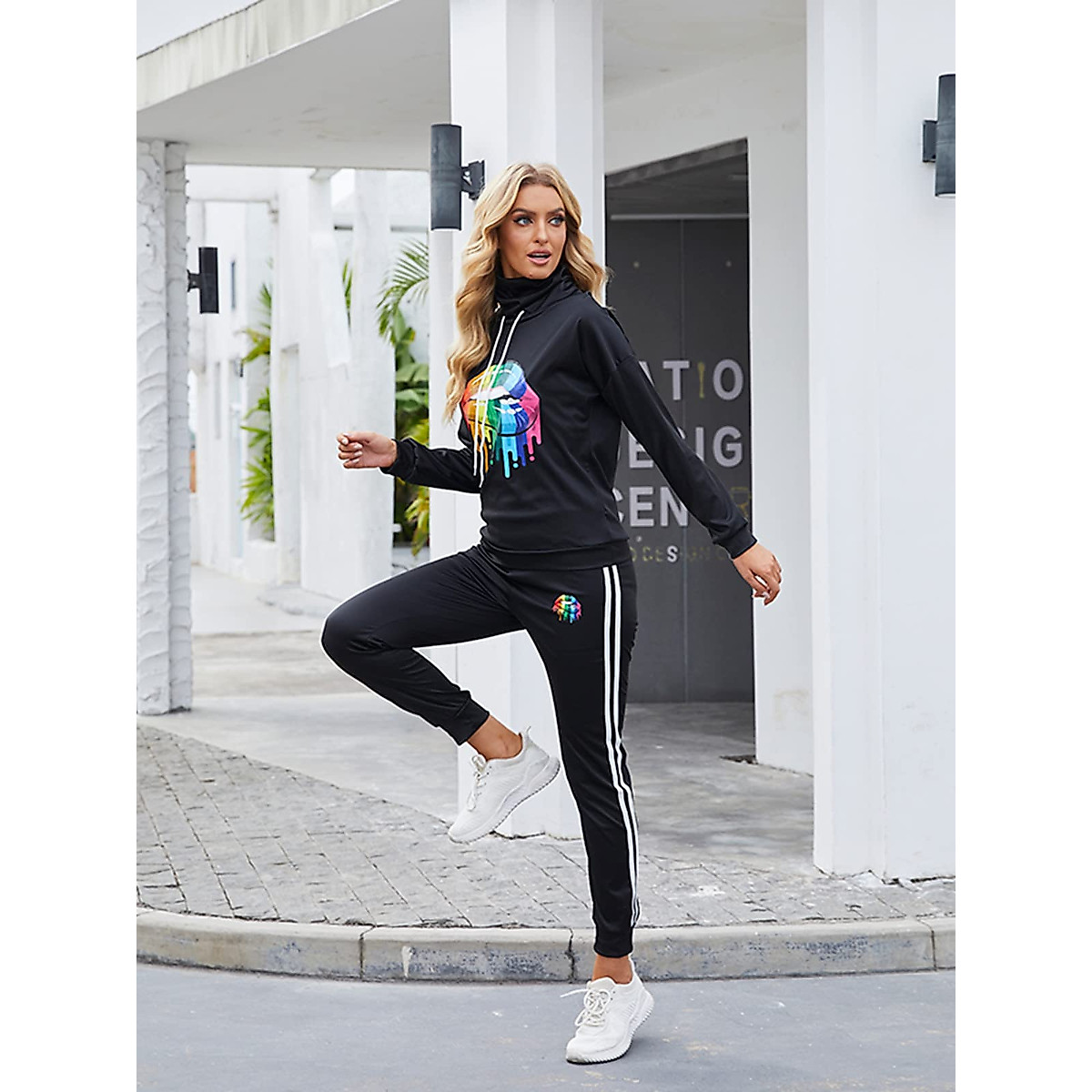 Angsuttc Womens Casual 2 Piece Outfits Lip Print Long Sleeve Pullover Sweatshirt Jogging Pants Tracksuits Set Black L