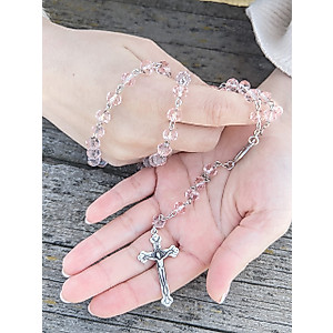 Nazareth Store Pink Pearl Beads Rosary Handmade Prayer Beaded Necklace with Miraculous Medal and Silver Cross