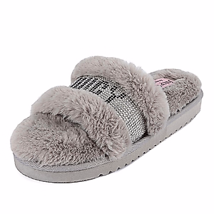 Juicy Couture Women's Luxe Faux Fur Slide Slippers with Embellished Strap, Cozy Indoor/Outdoor Fuzzy Slip-On Sandals, Halo - Grey, Size 9