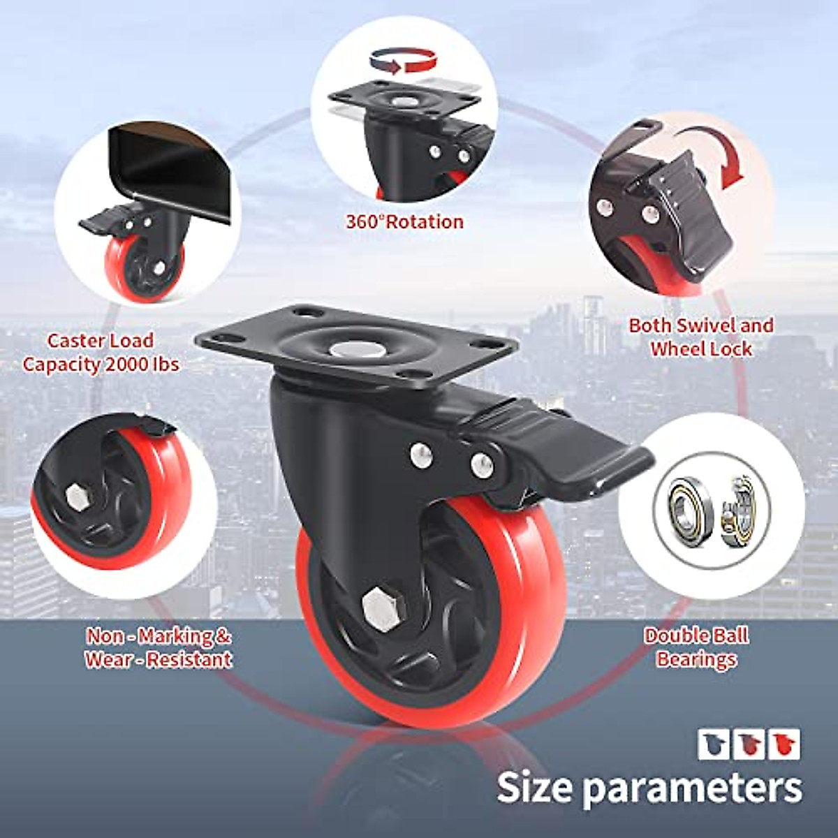 Casters,4 Inch Caster Wheels, Casters Set of 4 Heavy Duty,Red Polyurethane Castors, Safety Dual Locking casters with Brake, Swivel Wheels Industrial Casters for Furniture and Workbench