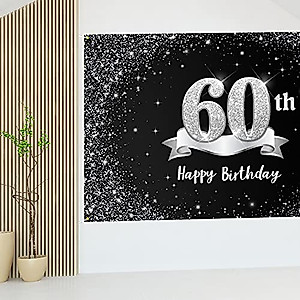 HAMIGAR 6x4ft Happy 60th Birthday Banner Backdrop - 60 Years Old Birthday Decorations Party Supplies for Women Men - Black Silver