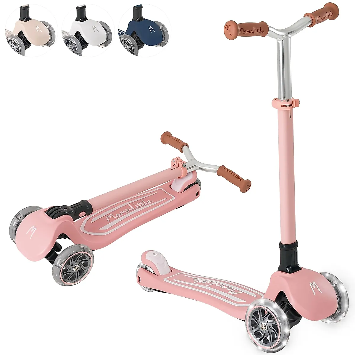 MomnLittle Kick Scooter for Kids Ages 3-10 (Pink) 3 Wheeled with LED Light-Up Wheels CPSC Certified Foldable and 4 Height Adjustable Toddler Scooters for Boys Girls