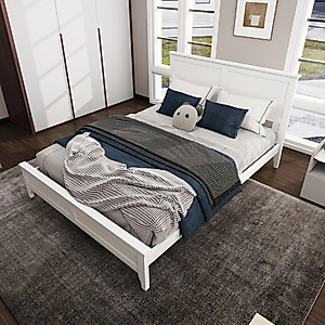 LUSPAZ Full Size Platform Bed with Simple Design Headboard and Wooden Slats, Modern Design Pine Wood Bed Frame, No Box Spring Needed, Perfect for Apartments, Bedrooms, Guest Rooms, White