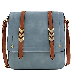 ALYSSA Double Compartment Large Flapover Crossbody Bag with Colorblock Straps (Blue Grey/Brown)