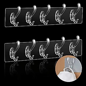 WEISHA Wall Hooks 1/3/5/6 Row Self-Adhesive Transparent Wall Hooks Door Hook Hat Clothes Hanger Towel Holder Kitchen Bathroom Storage Rack(5 Row)