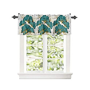 Teal Ginkgo Biloba Leaf White Marble Gold Stripes Valance Curtains for Kitchen Small Windows,Blackout Short Window Treatment Summer Leaves Rod Pocket Valance for Living Room Bedroom Decor,42"Wx12"L