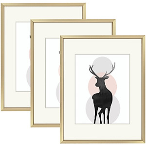 Space Art Deco, 11x14 Metal Aluminum Picture Frame Set of 3, Display Pictures 8x10 with Mat or 11 x 14 Without Mat, Wall Mounting Gallery Photo Frames, Gold
