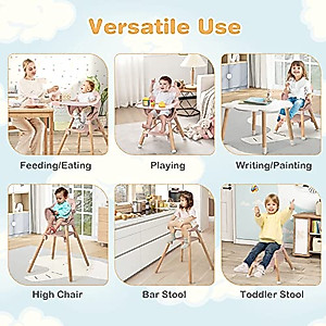 HONEY JOY Baby High Chair, 6 In 1 Convertible Wooden Highchair for Babies and Toddlers/Toddler Chair/Bar Stool, Removable Double Tray & Reversible Footrest, Safety Harness for Infant Boys Girls (Pink)