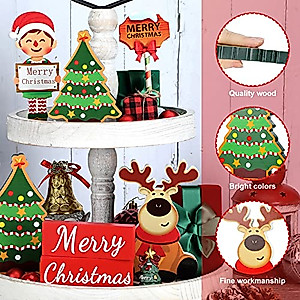 7 Pcs Christmas Tiered Tray Decor, Farmhouse Rustic Christmas Indoor Decorations Wooden Tiered Tray Xmas Tree Reindeer Elf Guidepost Merry Christmas Signs Set for Table Mantle Holiday Decor