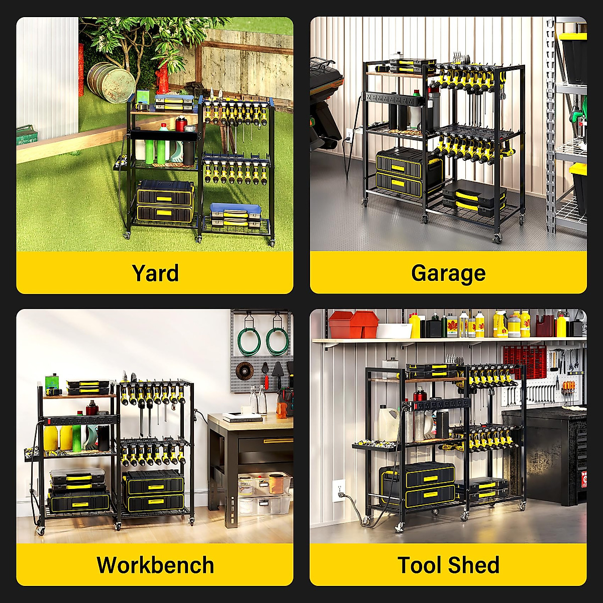 TC-HOMENY Power Tool Organizer Garage Storage with Charging Power Strip, 28 Drill Rack Tool Holder Racks Rolling Tool Cart on Wheels, Tool Shelf Organizer, Garage Workshop Gifts for Men Dads