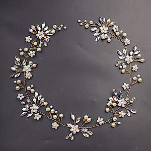 Chargances 27inch Wedding Bridal Crystal Hair Vine Handmade Pearl Headband for Brides Women and Girls Special Occasion Homecoming Boho Ivory Jewelry (Gold)