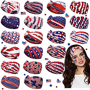 Unittype 20 Pcs Headband for Women Twisted Hair Band Bandanas Stretchy Athletic Headband Knot Unisex Wide Head Wraps for Women Yoga Running Exercise(US Flag)