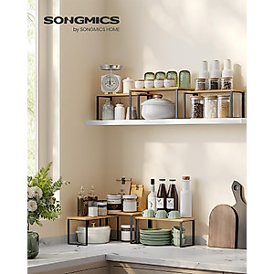 SONGMICS Cabinet Organizer Shelf, Set of 3 Kitchen Counter Shelves, Kitchen Storage, Spice Rack, Stackable, Expandable, Metal and Bamboo, Ink Black and Natural Beige UKCS014B01