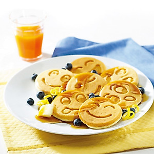 Erreke Nonstick Pancake Pan, 7 Smiley Face Pancake Griddle, Soft Touch Handle Fun Breakfast for Kids, 10.2 in Crepe Pan for Gas Stoves (Blue Color)