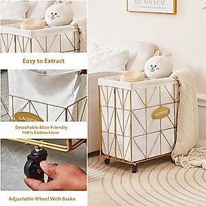 Mxfurhawa Laundry Hamper, Collapsible Laundry Basket Large Capacity 110L Metal Laundry Hamper with Removable Liner, Rolling Wheels and Collapsible Design for Clothes Storage and Organization (Gold)