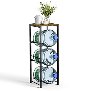 DIRZA 5 Gallon Water Jug Holder with Top Shelf, 3 Tier Water Bottle Holder,Heavy Duty Water Storage Rack for Water Cooler Jug,Water Jug Stand Organizer for Home Kitchen Office Rustic Vintage Brown