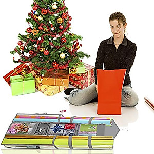 ProPik Hanging Double Sided Christmas Gift Wrapping Paper Storage Organizer With Multiple Pockets Organize Your Gift Wrap, Gift Bags Bows Ribbons 40"X17" Fits 40 Inch Rolls Clear PVC Bag (Grey)