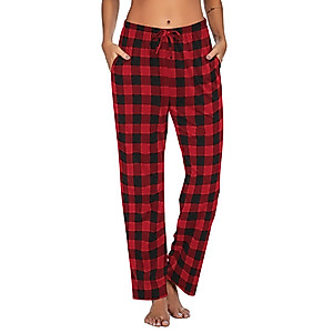 Ekouaer Women Pajama Pants Comfy Pj Bottom with Pockets Stretch Plaid Sleepwear Red and Black Plaid Medium