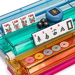 Yellow Mountain Imports American Mahjong Set, Koi Fish with Soft White Leatherette Case, Four Acrylic All-in-One Racks with Pushers, Wind Indicator, Dice, and Wright Patterson Count Scoring Coins