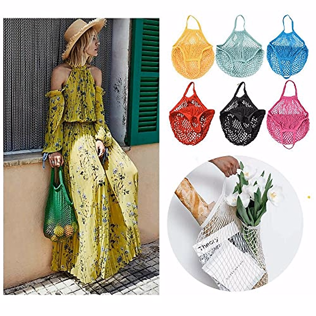 maxgoods Mesh Bag Cotton Storage Handbag Tote Shopping String Portable Fishnet Woven Net Tote(sky blue-Long)