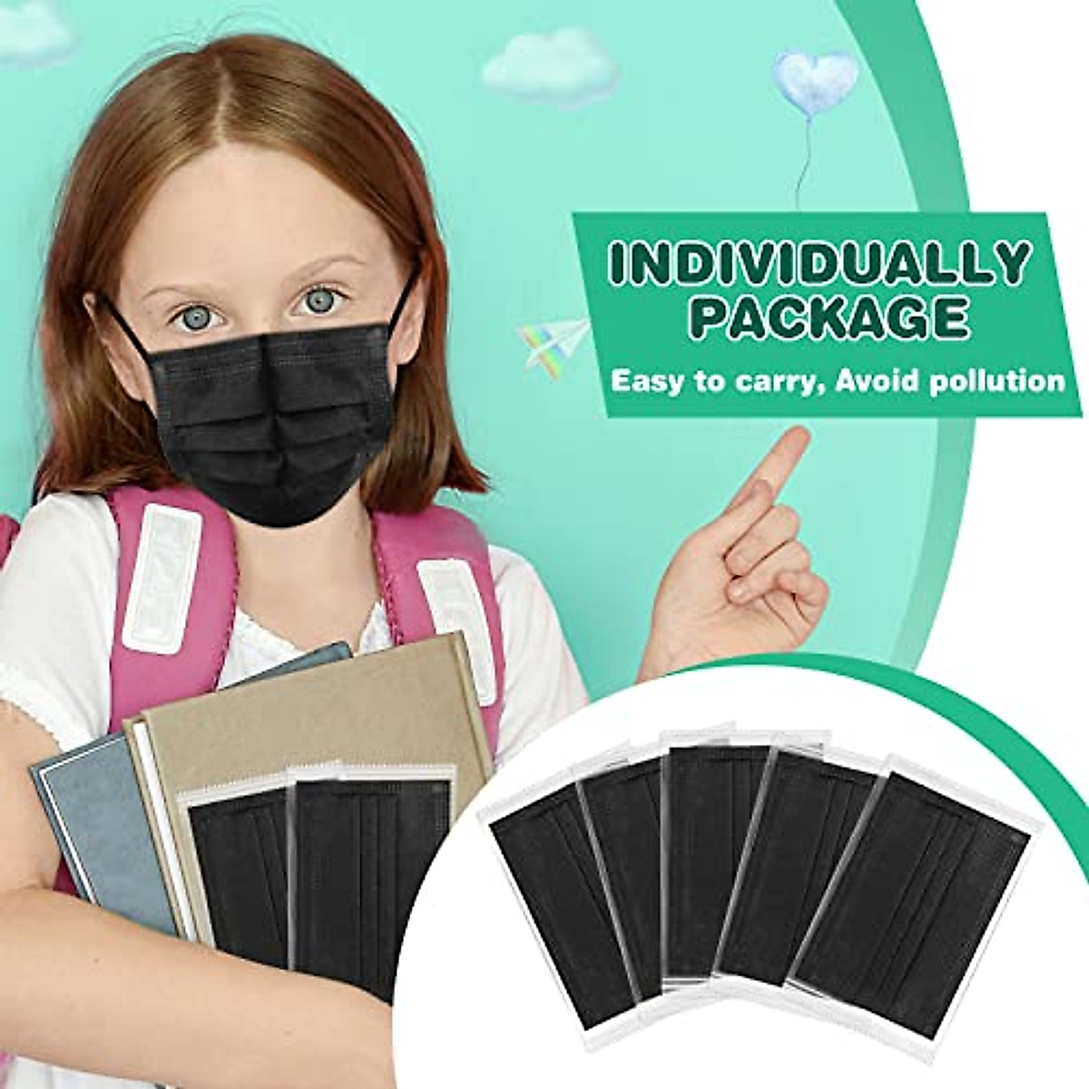 XDX Kids Mask Individually Wrapped, Kids Black Disposable Face Mask for Boys and Girls, 3 Ply - 5.7" x 3.7" Children's Size – for Childcare, School, Daily Use (50 PCS)