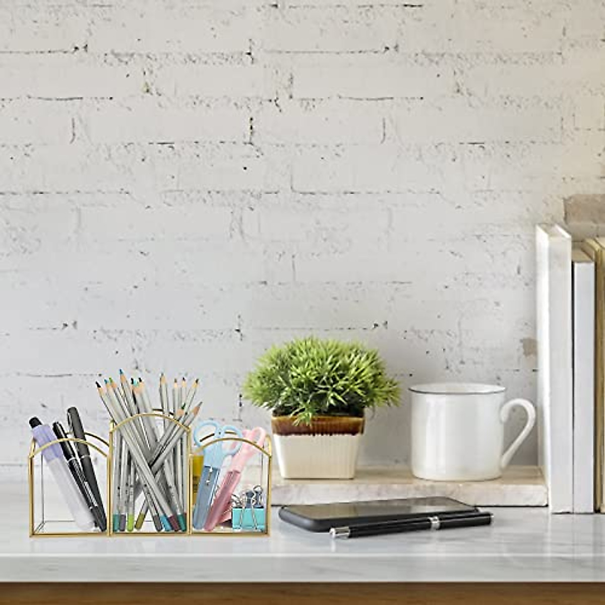 ELLDOO 3 Slots Glass Makeup Brush Holder Organizer for Vanity Dresser, Semicircle Rim Design, Pen Cup Holder Pencil Holder for Office Desk