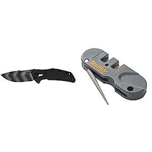 Zero Tolerance 0308BLKTS, Drop Point Pocket Knife, Black & Smith’s PP1 Pocket Pal Knife Sharpener Preset Carbide & Ceramic Stone Sharpeners Fold-Out Diamond Coated Rod Outdoor Hunting Knife