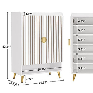 Tribesigns Shoe Cabinet with Doors, 7-Tier Shoe Storage Cabinet with Adjustable Shelves, Wooden Shoes Rack Shoe Storage Organizer for Entryway, Hallway, Closet, Living Room, Gold White