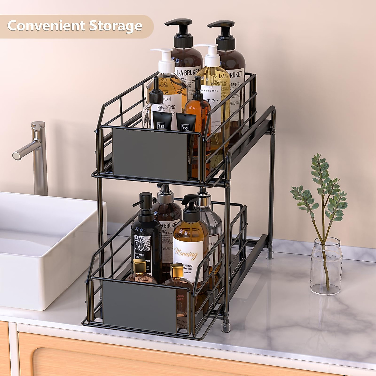 Laokiiy Under Sink Organizers, Storage Bathroom Organizer 2 Tier Under Sliding Kicthen Cabinet Basket Organizer with Hooks, Multi-purpose Under Sink Shelf Organizer, Black