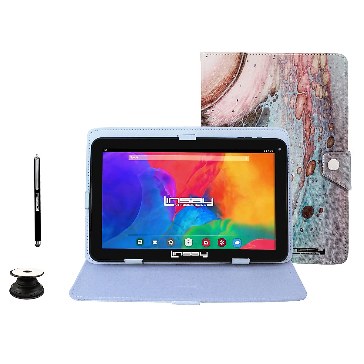 LINSAY 10.1" 1280x800 IPS 2GB RAM 32GB Storage Android 11 Tablet with Space Marble Leather Case, Pop Holder and Pen Stylus