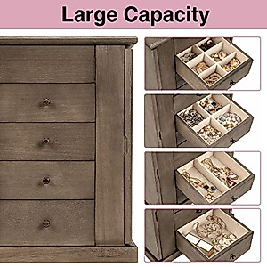 Emfogo Jewelry Box for Women, 5 Layer Large Wood Jewelry Boxes & Organizers for Necklaces Earrings Rings Bracelets, Rustic Jewelry Organizer Box with Drawers and Mirror(Weathered Gray)