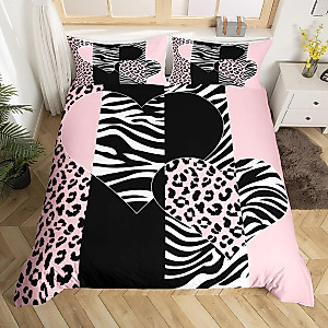 Leopard Print Duvet Cover Set Queen Size,Zebra Skin Texture Bedding Set 3Pcs,Kids Girls Teens Room Decor,Striped Fashion Comforter Cover,Pink Black White Love Printed Bedspreads Cover,2 Pillowcases