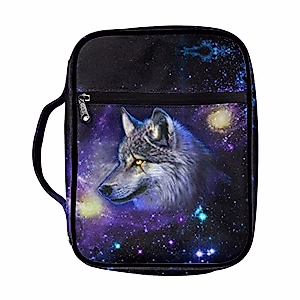 Jiueut Galaxy Wolf Bible Cover for Men Large Size Bible Case Scripture Carrying Book Case Boys Study Bible Case Bible Holder with Handle and Zippered Pocket