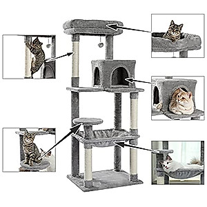 PETEPELA 56.3 Inches Cat Tree for Indoor Cats Multi-Level Cat Tower with Sisal Covered Scratching Posts, Cozy Condo, Super Large Hammock and Plush Perches Grey