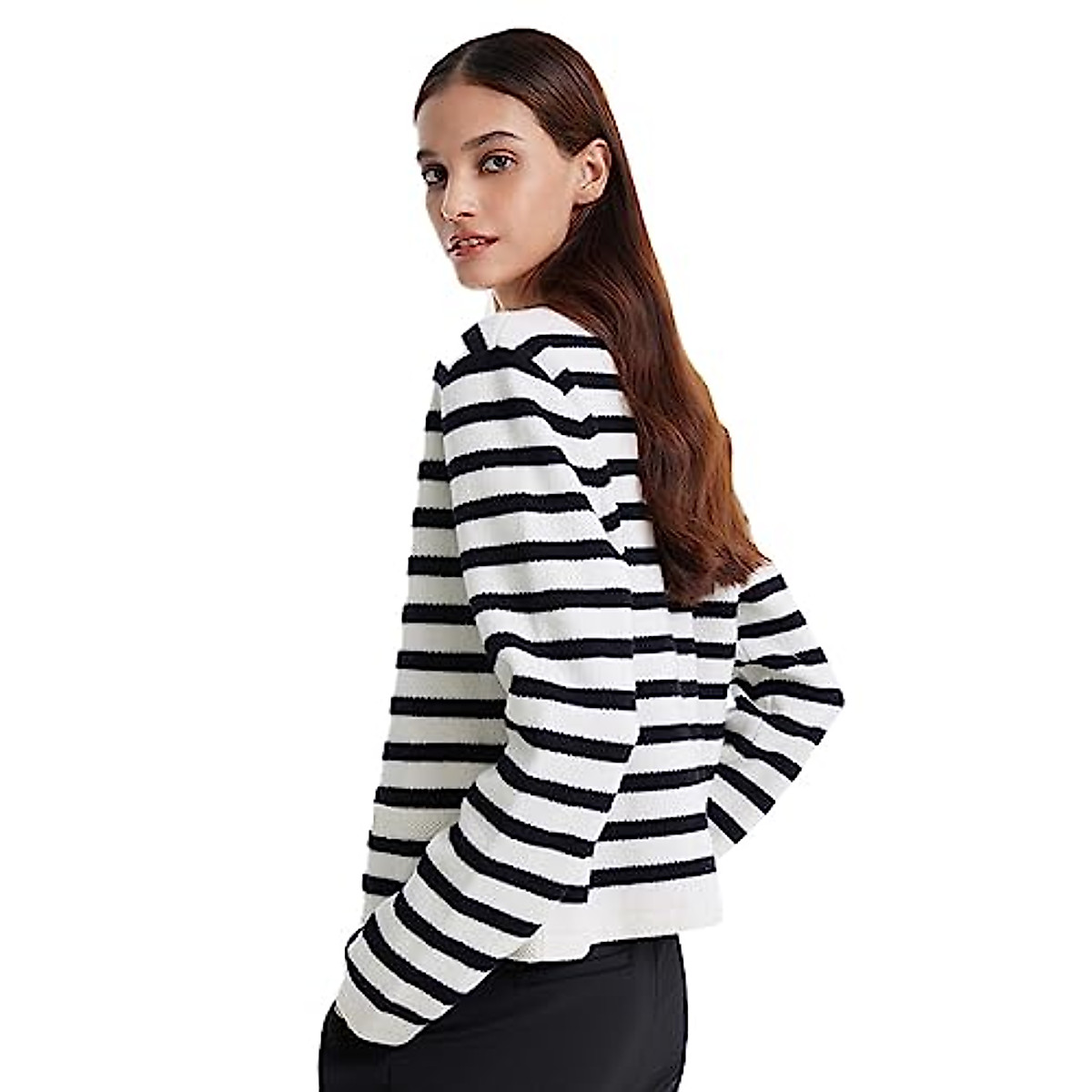 GOELIA Women's Striped Short Cardigan Sweater, Crewneck Button Up Knit Wool Sweaters