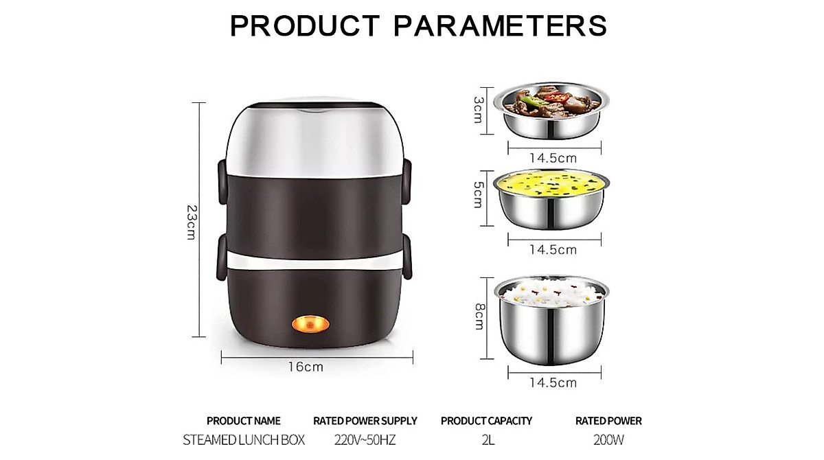Portable Electric Lunch Box 3-Layer 2L Heats & Steams Food