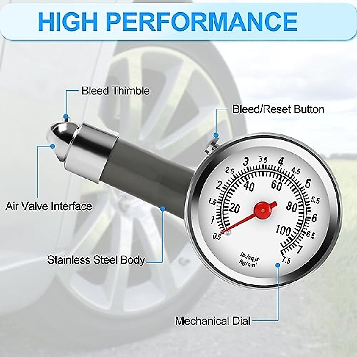 Tire Pressure Gauge for Cars (0-100 Psi), Mechanical Tire Gauges for Tire Pressure, Tire Pressure Gauge Heavy Duty, Tire Air Gauge for Motorcycles, Trucks, Bicycles