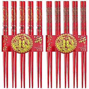 10 Pairs Bamboo Chopsticks Reusable For Wedding Party Ceremony, 24cm/9.45inch Chinese Natural Non-slip Chopsticks Dishwasher Safe, Lightweight Chopstick Set, "双喜”