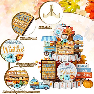 Bucherry 22 Pcs Thanksgiving Tiered Tray Decoration Fall Thanksgiving Decoration Farmhouse Rustic Wooden Sign Pumpkin Truck Blocks Autumn Wooden Sign for Fall Home Table Harvest Decor