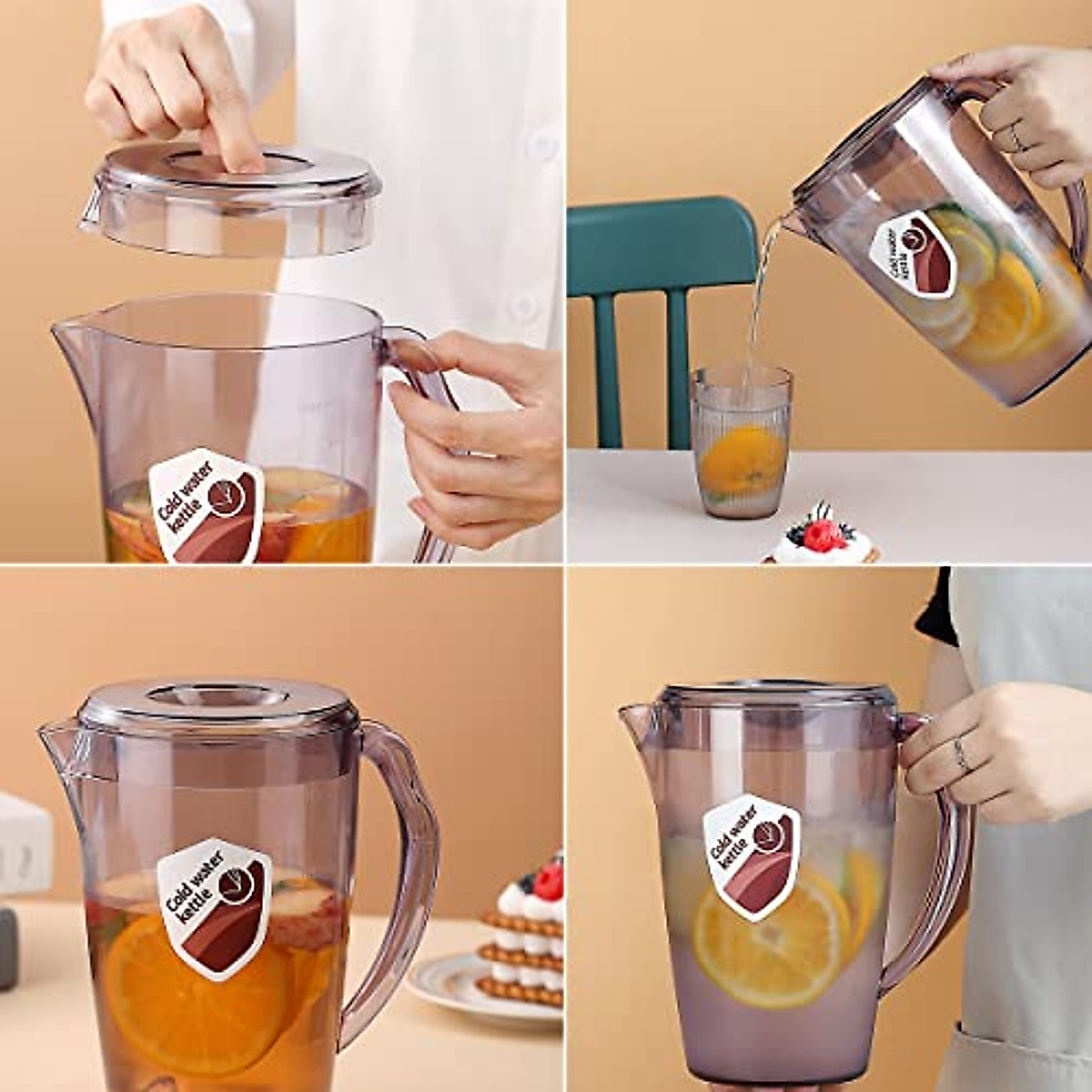 HOMQUEN Plastic Pitcher, 60 Oz/1.8L Water Pitcher with Lid, Iced Tea Pitcher, Water Carafe, Jar Pitcher, Water Jug with Handle for Tea, Juices, Milk, Cold or Hot Beverages (1 Pack/Gray)