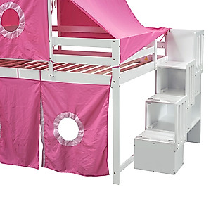 Merax Low Loft Bed Full Size with Slide and Storage Stairs, Wood Loft Bed with Tent & Tower, for Boys & Girls, Pink